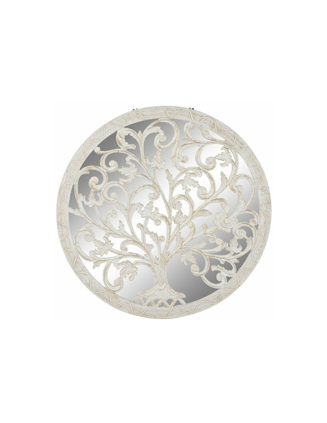 Déco murale indienne Miroir Arbre en Bois Blanc Vieilli 90x90 Nyxaris