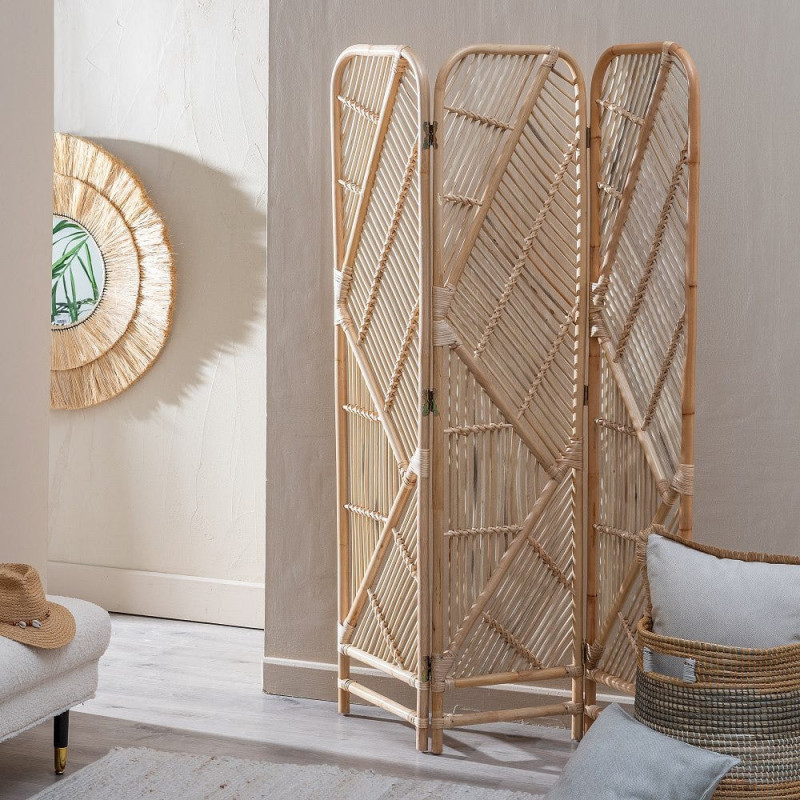 Paravent vintage chic 3 panneaux en Rotin Naturel Rattan