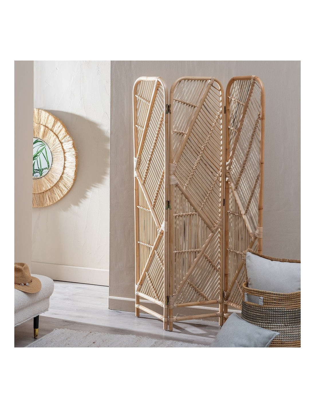 Paravent vintage chic 3 panneaux en Rotin Naturel Rattan